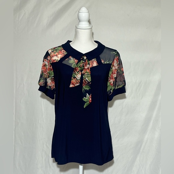 Adele & May | Tops | Adele May Blouse Blue With Sheer Floral Sleeves ...